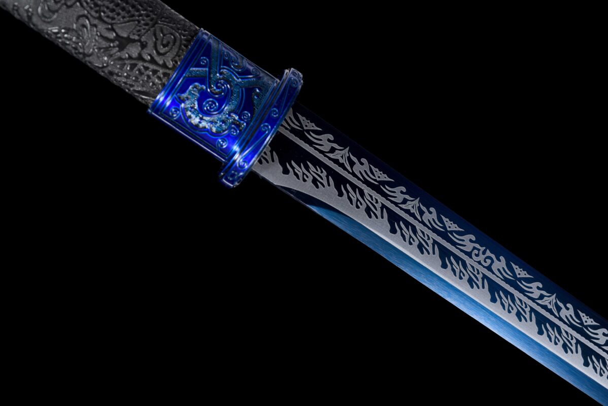 Handmade Katana: Blue blade and black scabbard, ancient method of ...